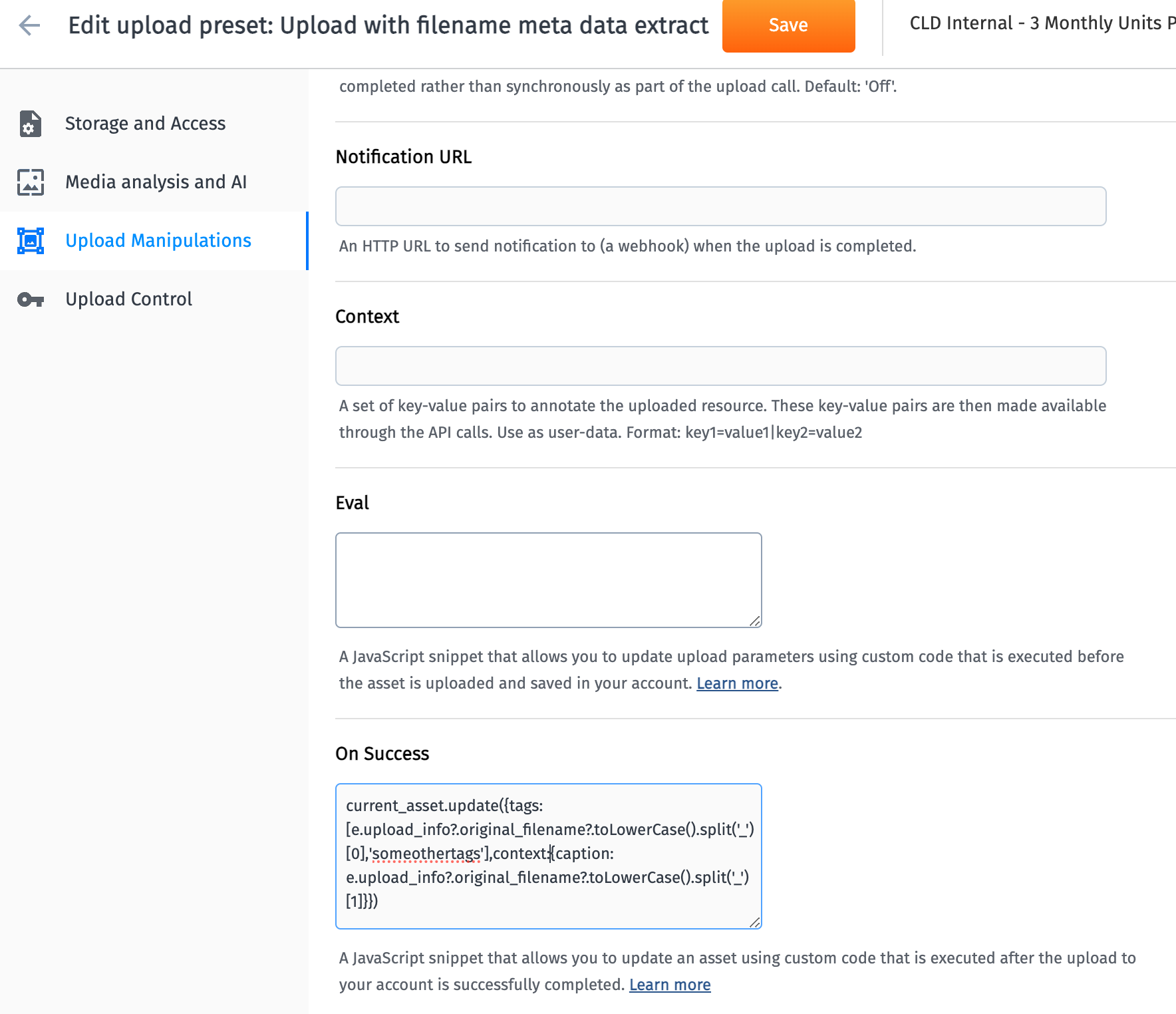 How To Implement Eval And Onsuccess In My Upload Request Cloudinary Support